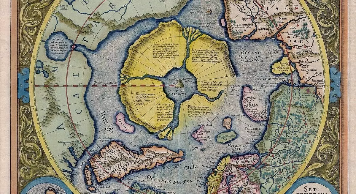 Mercator mapa 1595, která ukazuje severní kontinent. Možná byla hyperborea