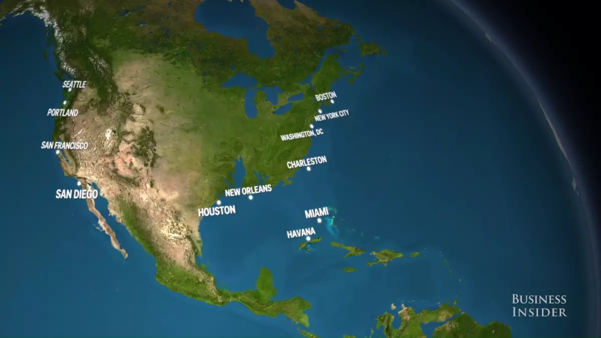 Hilagang Amerika pagkatapos ng pagtunaw ng lahat ng mga glacier (+65 metro) / tagaloob ng negosyo