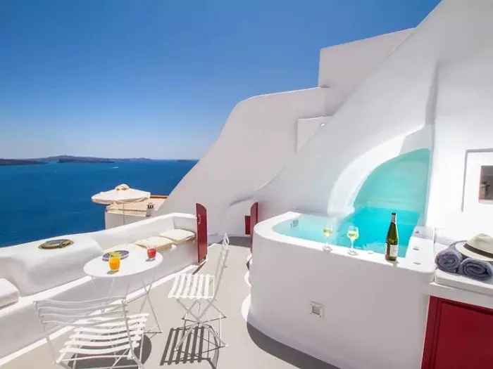 Outdoor terrace of the house in the cave Hector (Greece).