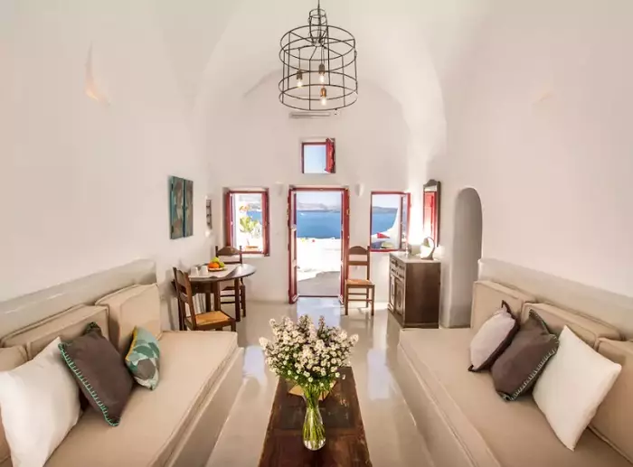 Luxury living room in a cave house (Greece).