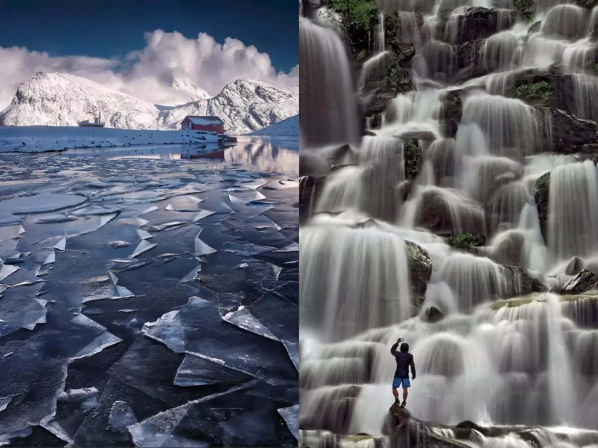 Замразено езеро на островите Лофьотен и водопад.