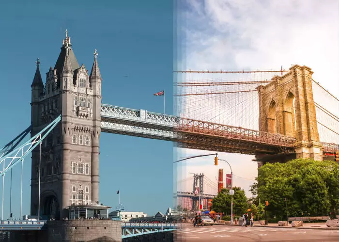 Tower Bridge i London och Brooklyn Bridge i New York.